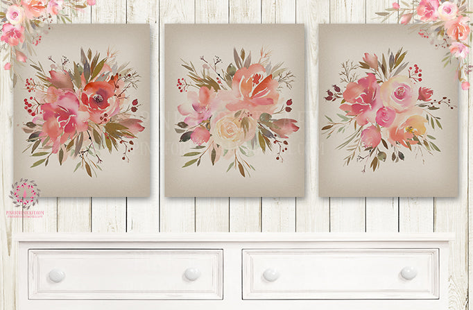 Boho Large Floral Flowers Watercolor Bouquet Set 3 Woodland Wall Art P ...