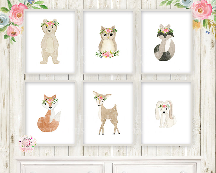 6 Woodland Boho Animals Wall Art Print Deer Bunny Fox Bear Raccoon Owl ...
