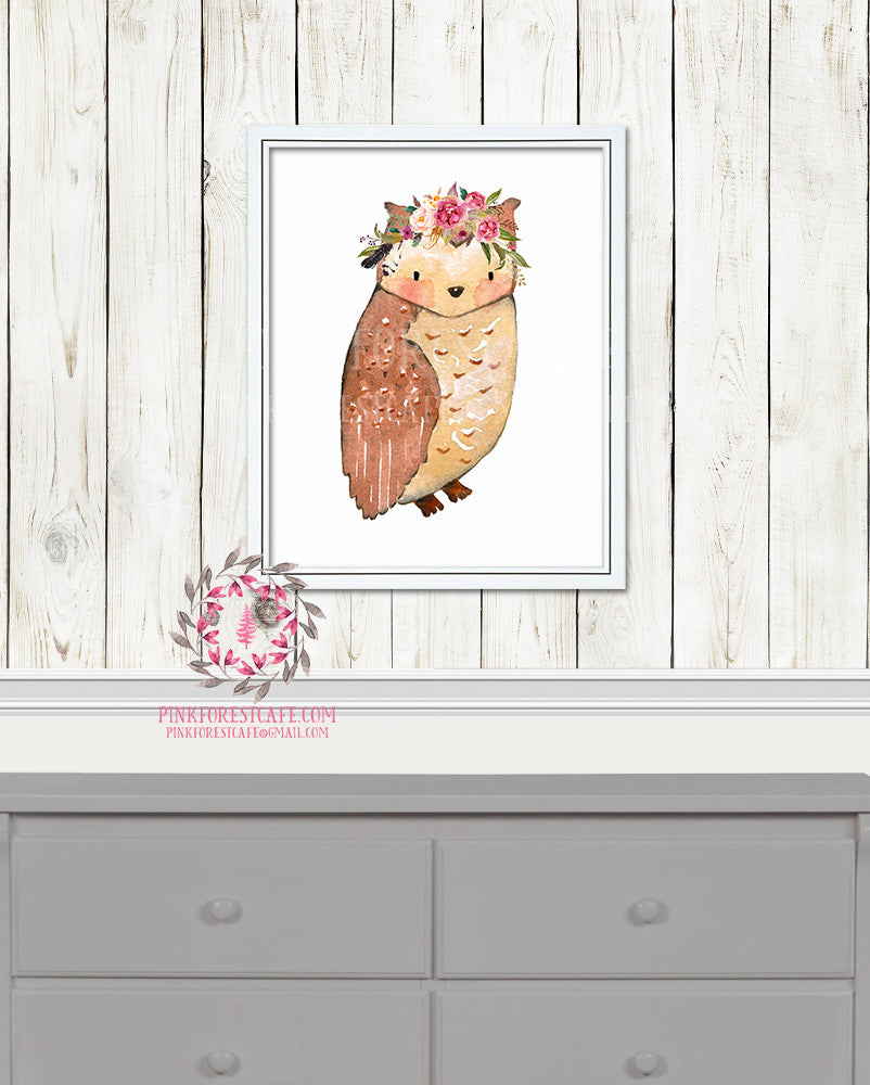 Owl Woodland Boho Bohemian Garden Floral Nursery Baby Girl Room Printa ...