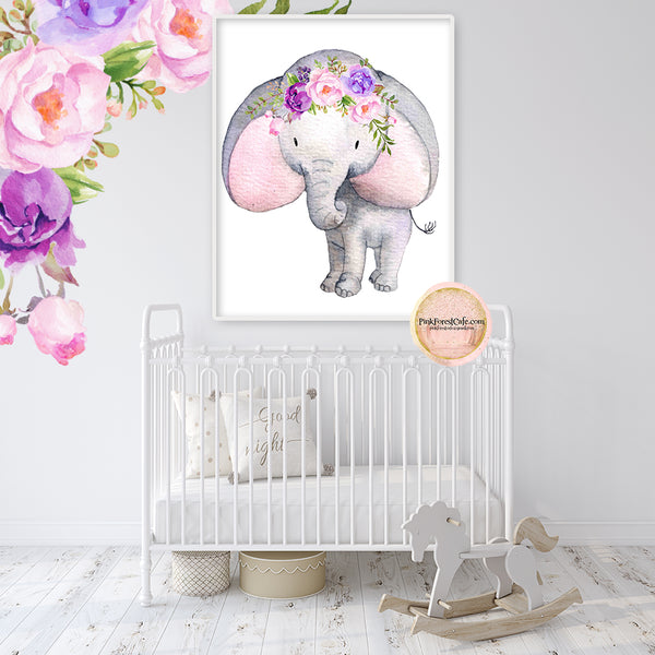 Purple Boho Elephant Wall Art Print Peonies Nursery Baby Girl Room Zoo ...