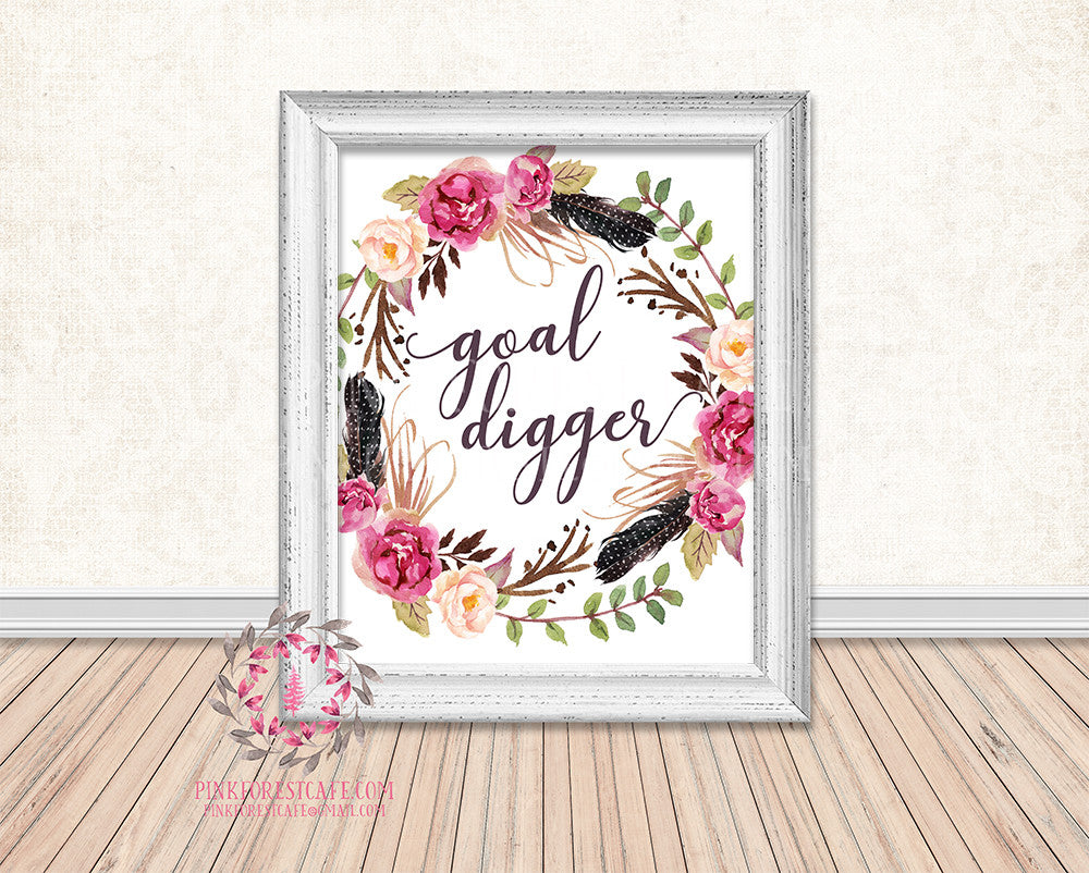 Goal Digger Boho Watercolor Floral Tribal Feather Printable Print Wall ...