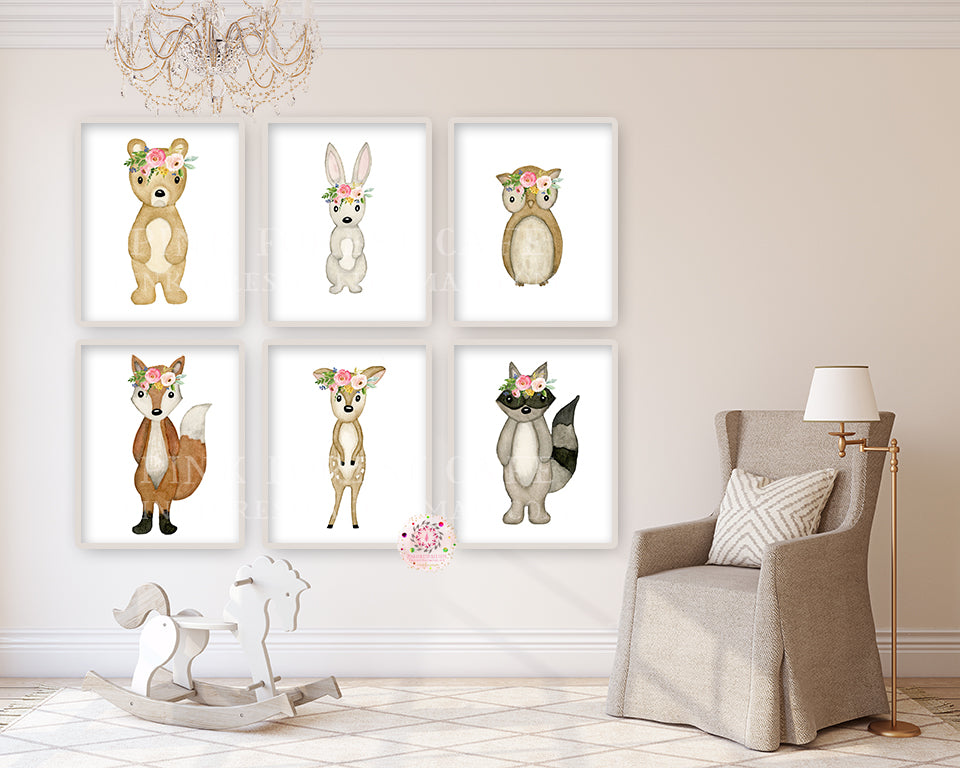 6 Boho Woodland Animals Wall Art Print Deer Bunny Fox Bear Floral Wate ...