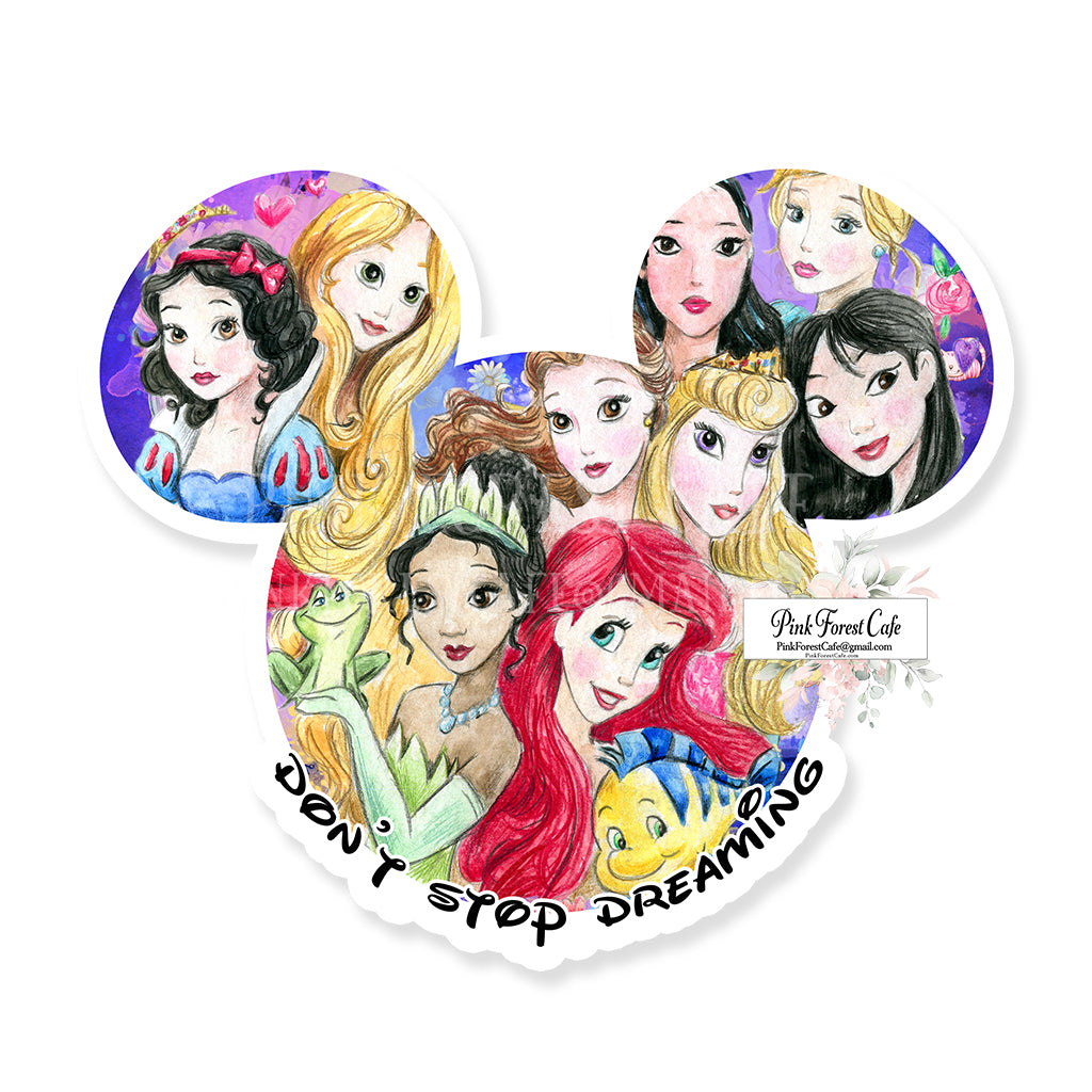 Mouse Ears Don't Stop Dreaming Disney Princess Vinyl Sticker – Pink ...