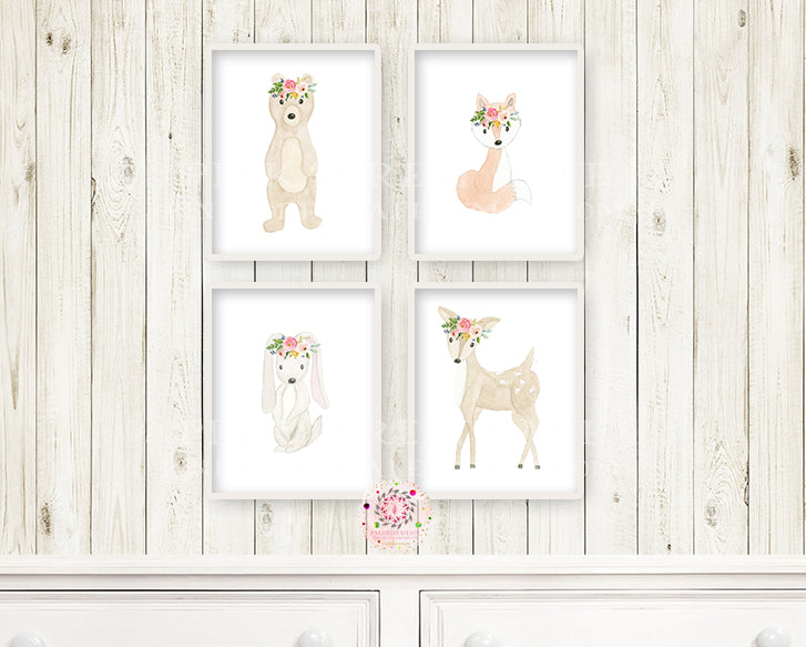 4 Woodland Boho Animals Wall Art Print Deer Bunny Fox Bear Watercolor ...