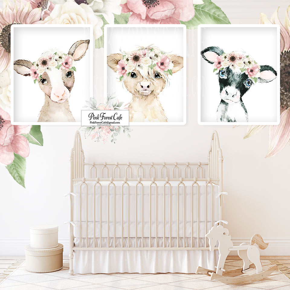 6 Boho Cow Blush Wall Art Print Farm Nursery Baby Room Sunflower Anemo ...