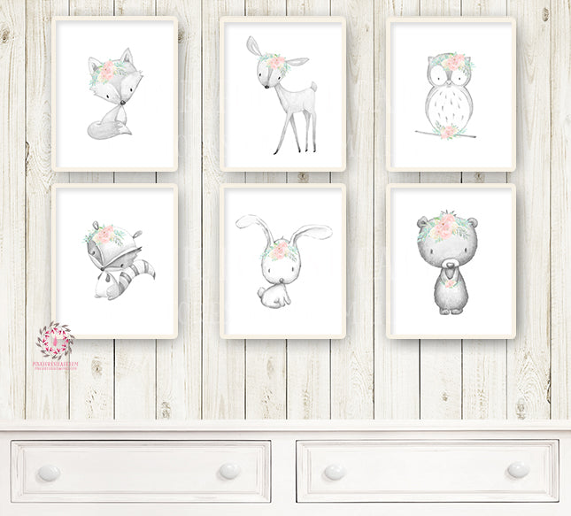 6 Deer Fox Bunny Rabbit Bear Wall Art Print Owl Raccoon Boho Woodland ...