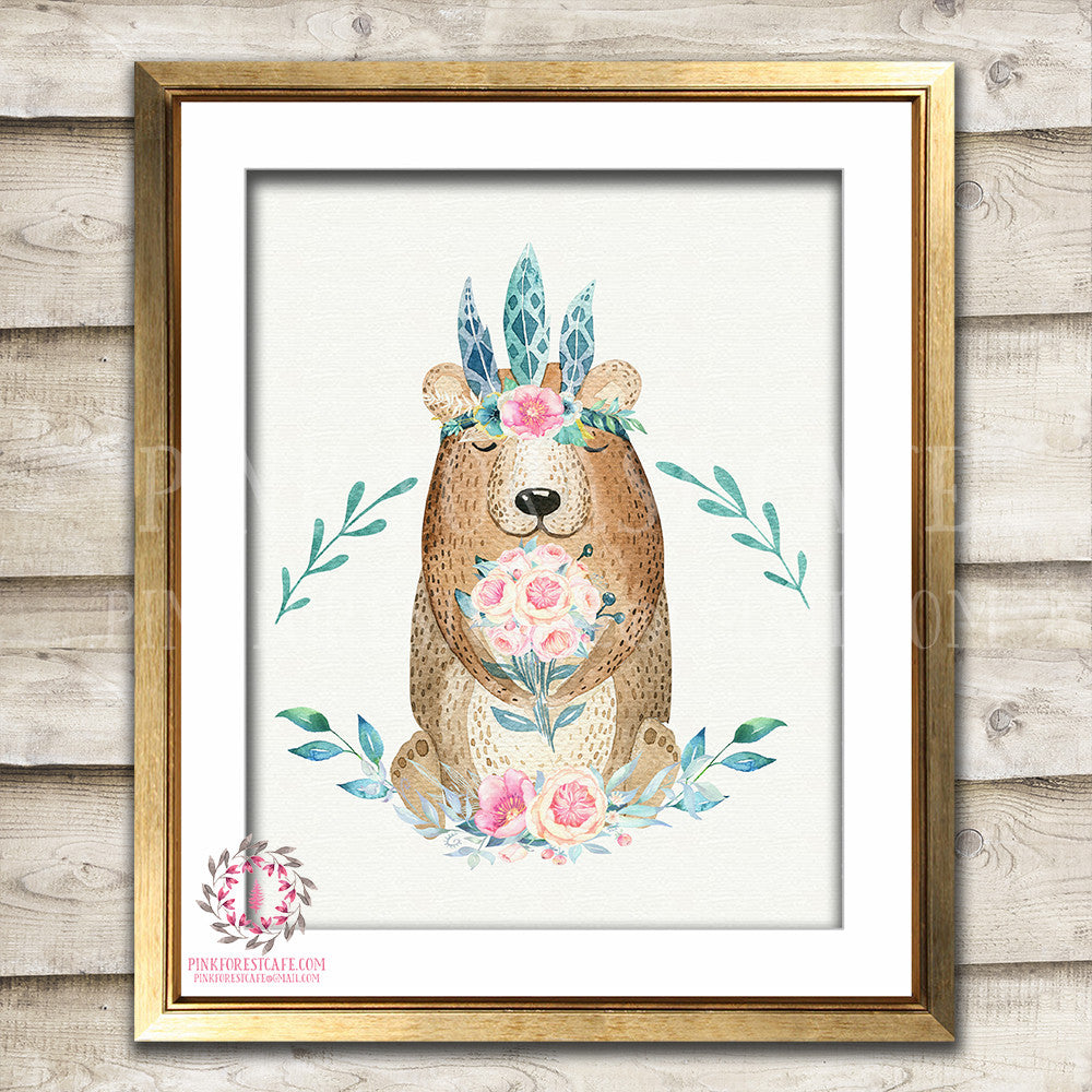 Boho Bear Printable Print Wall Art Bohemian Floral Feather Woodland Nu ...