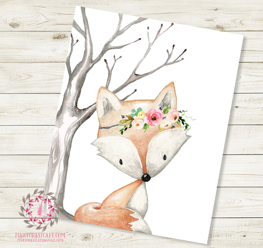 Boho Fox Wall Art Print Floral Nursery Baby Girl Room Watercolor Woodl ...