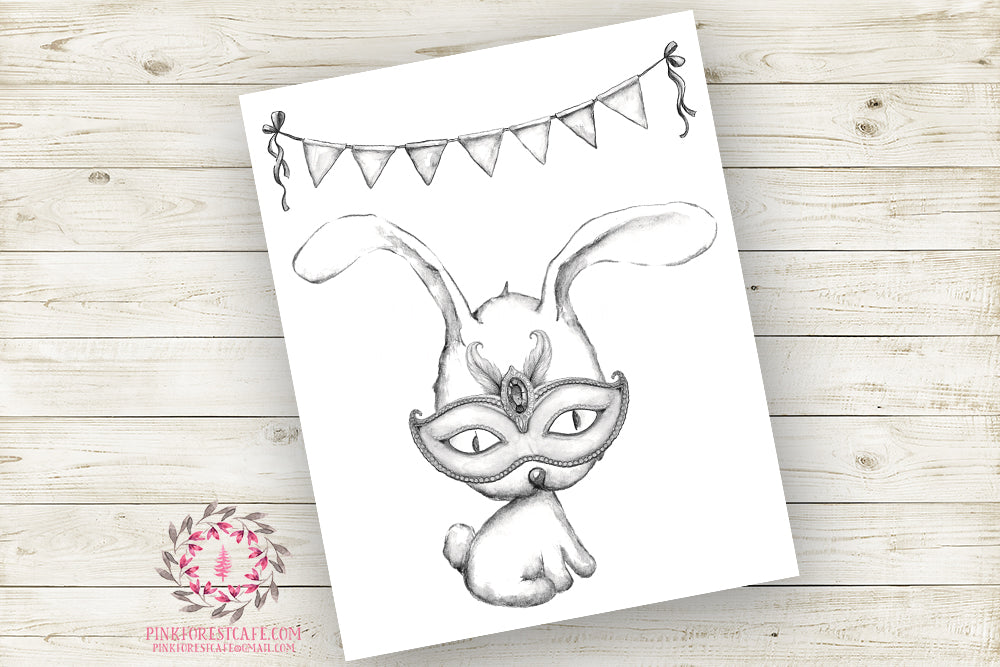 Bunny Rabbit Masquerade Mask Nursery Wall Art Print Monochromatic Ethe ...