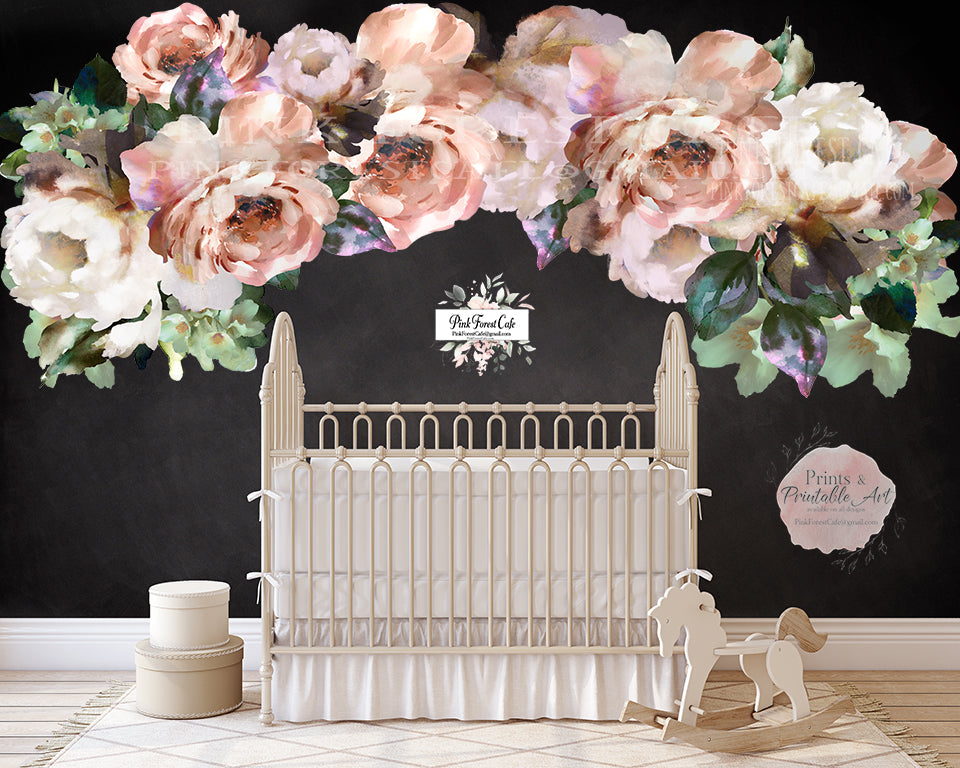 90" Rust Peony Ivory Rose Floral Wall Decal Deep Dark Color Flower Sti ...