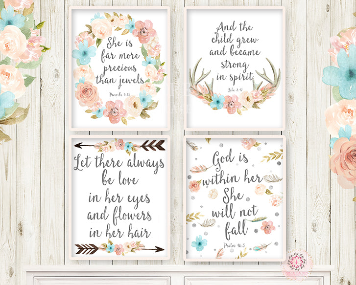 4 Boho Arrow Bible Verse Wall Art Print Woodland Deer Antlers Bohemian ...