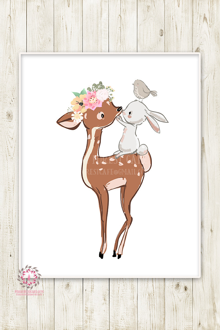 Boho Bunny Rabbit Blush Wall Art Print Woodland Watercolor Baby Girl N ...