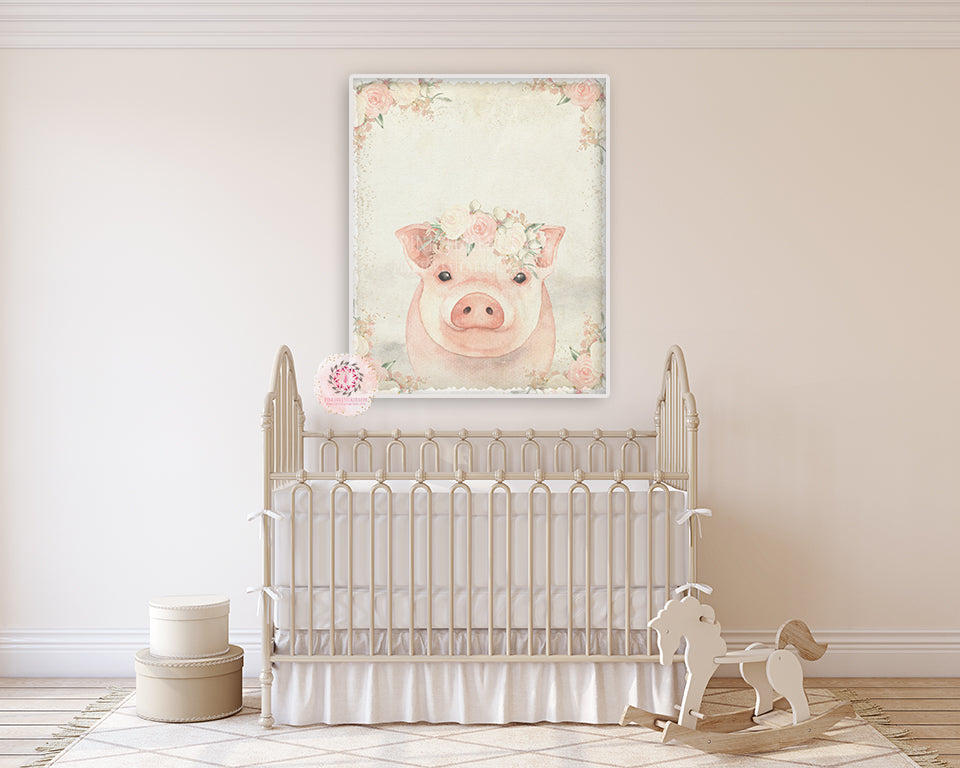 Boho Pig Wall Art Print Farm Animal Zoo Floral Nursery Blush Cream Pin ...