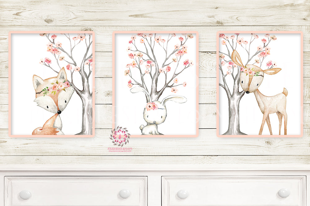 3 Deer Fox Bunny Rabbit Floral Boho Wall Art Print Woodland Bohemian N ...