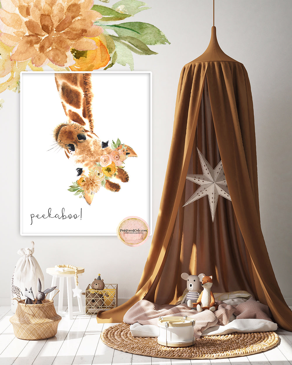 Boho Giraffe Peekaboo Wall Art Print Nursery Baby Girl Mustard Rust Wa ...