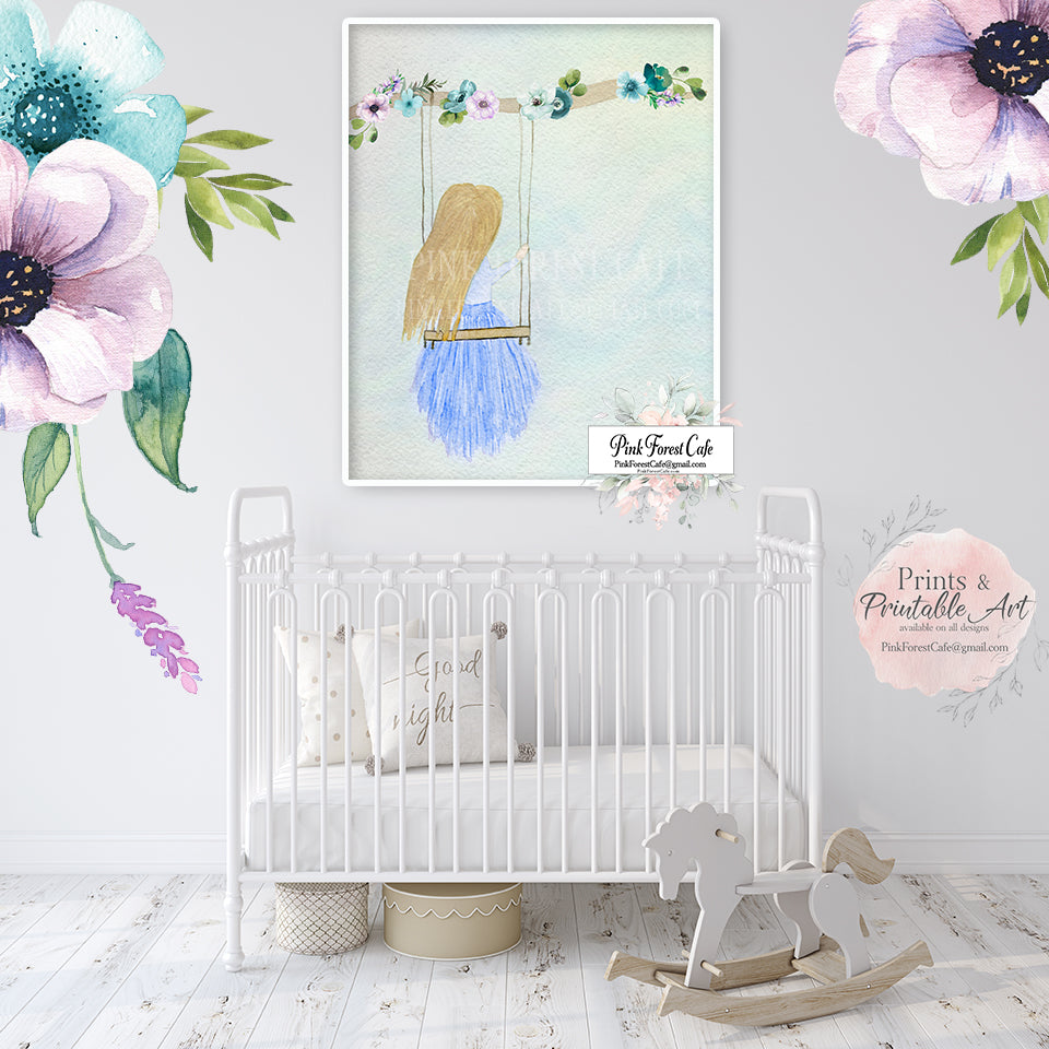 Boho Ballerina Girl On A Swing Wall Art Print Watercolor Floral Tutu B ...