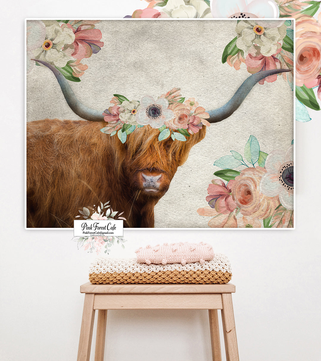 Boho Highland Cow Wall Art Print Anemone Scottish Farm Blush Nursery B ...
