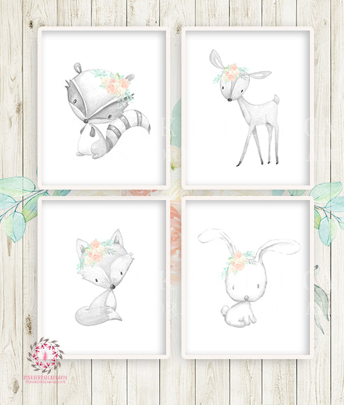 4 Deer Fox Bunny Rabbit Wall Art Print Raccoon Boho Woodland Mint Blus ...