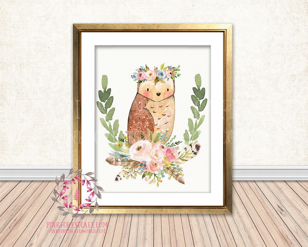 Boho Owl Bohemian Blush Floral Feather Woodland Nursery Baby Girl Room ...