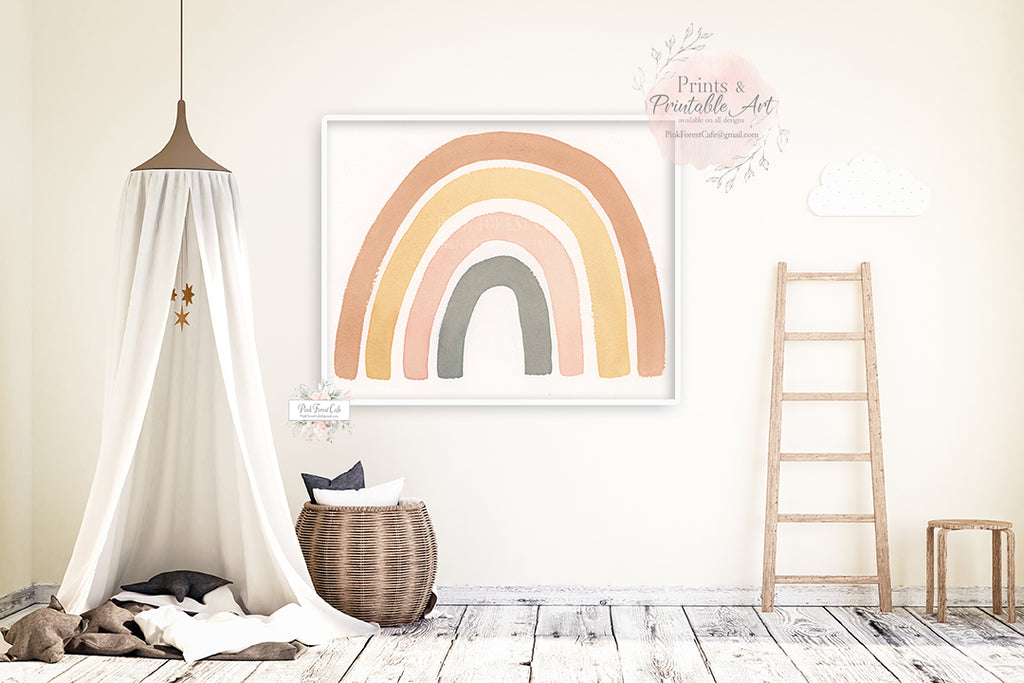 Rainbow Rust Gray Mustard Wall Art Print Watercolor Baby Girl Boy Gend ...