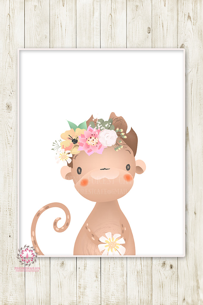 Boho Monkey Baby Girl Nursery Wall Art Print Ethereal Whimsical Bohemi ...