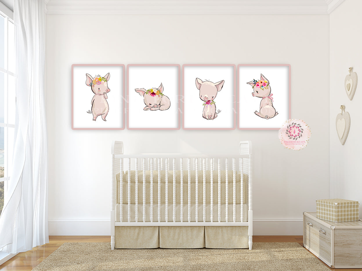 Boho Pig Wall Art Print Farm Animal Zoo Floral Nursery Baby Girl Room ...