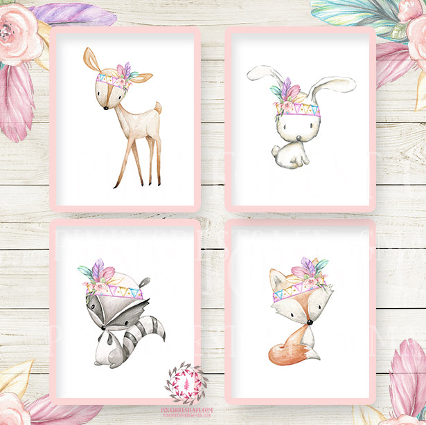 4 Deer Fox Bunny Raccoon Wall Art Print Nursery Rabbit Pink Purple Min ...