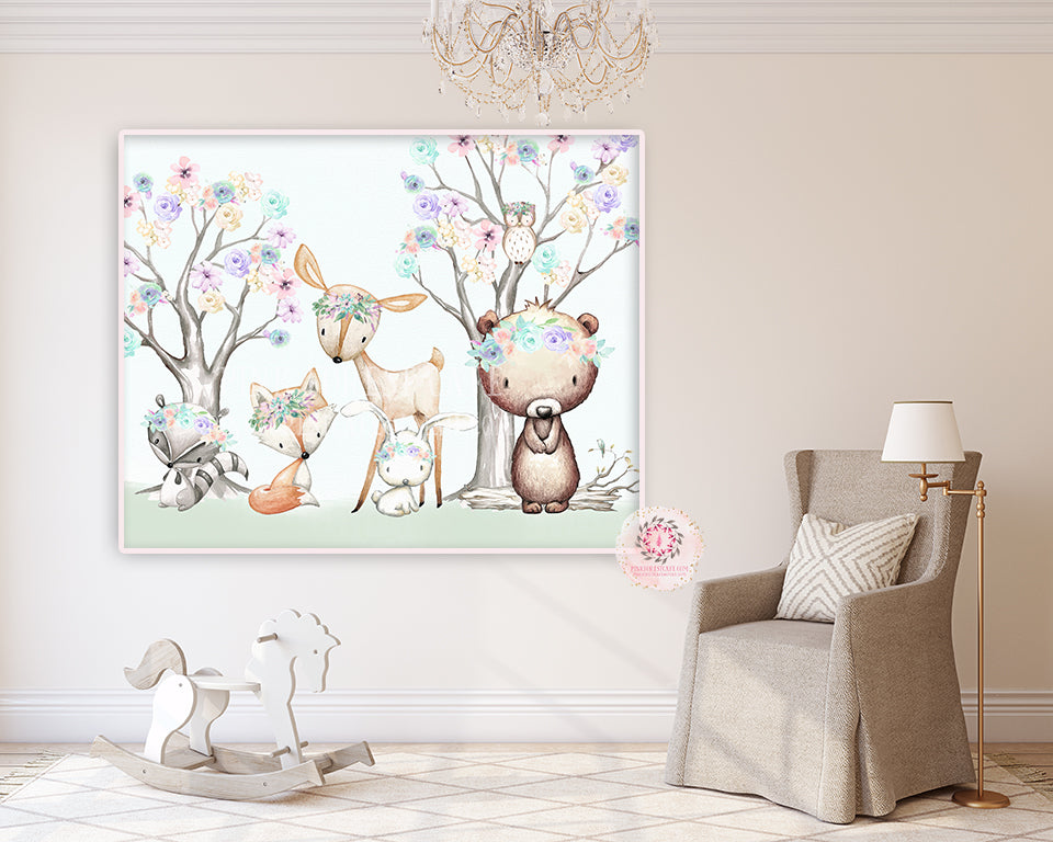 Boho Woodland Animals Wall Art Print Deer Bunny Fox Bear Purple Mint B ...