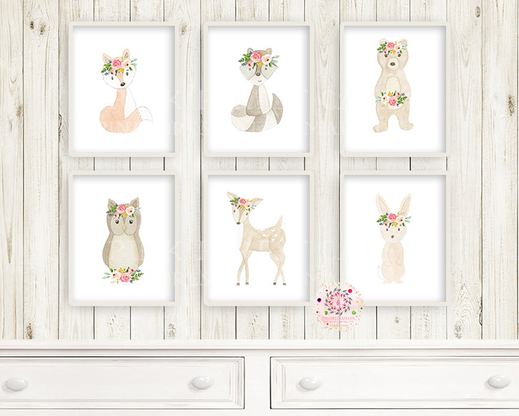 6 Woodland Boho Animals Wall Art Print Deer Bunny Fox Bear Raccoon Owl ...