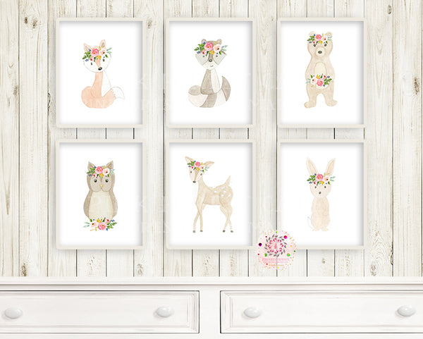 6 Woodland Boho Animals Wall Art Print Deer Bunny Fox Bear Raccoon Owl ...