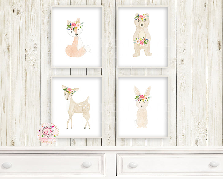 4 Woodland Boho Animals Wall Art Print Deer Bunny Fox Bear Watercolor ...