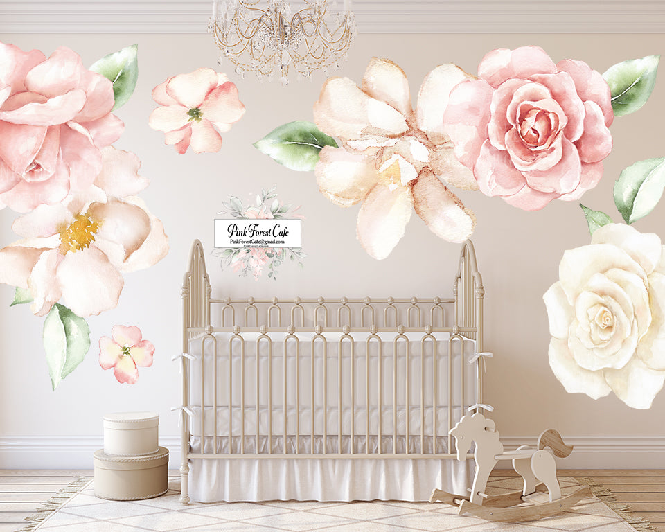 60" - 20 Peony Rose Leaf Floral Wall Decal Flower Sticker Blush Pink F ...