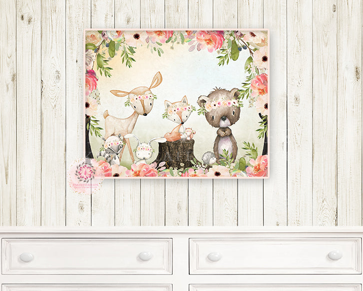 Boho Woodland Animals Wall Art Print Deer Bunny Fox Bear Hedgehog Flor ...