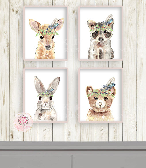 4 Deer Bunny Rabbit Bear Wall Art Print Feather Woodland Nursery Racco ...