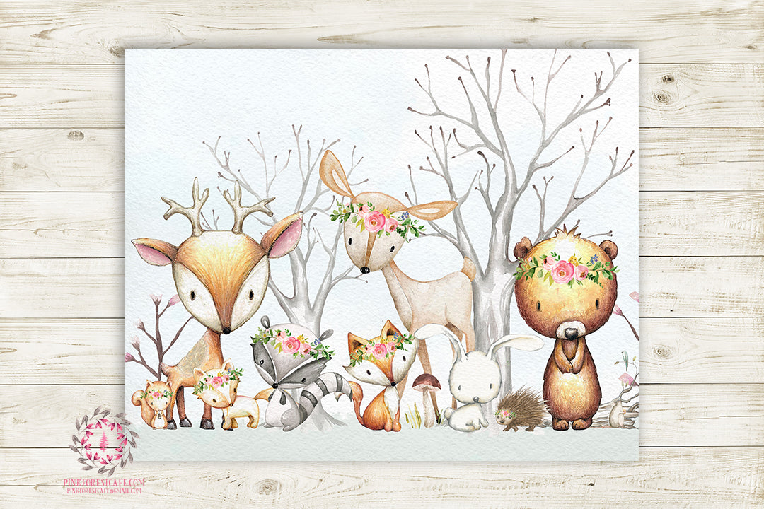 Woodland Animals Wall Art Print Boho Floral Deer Bunny Fox Bear Hedgeh ...
