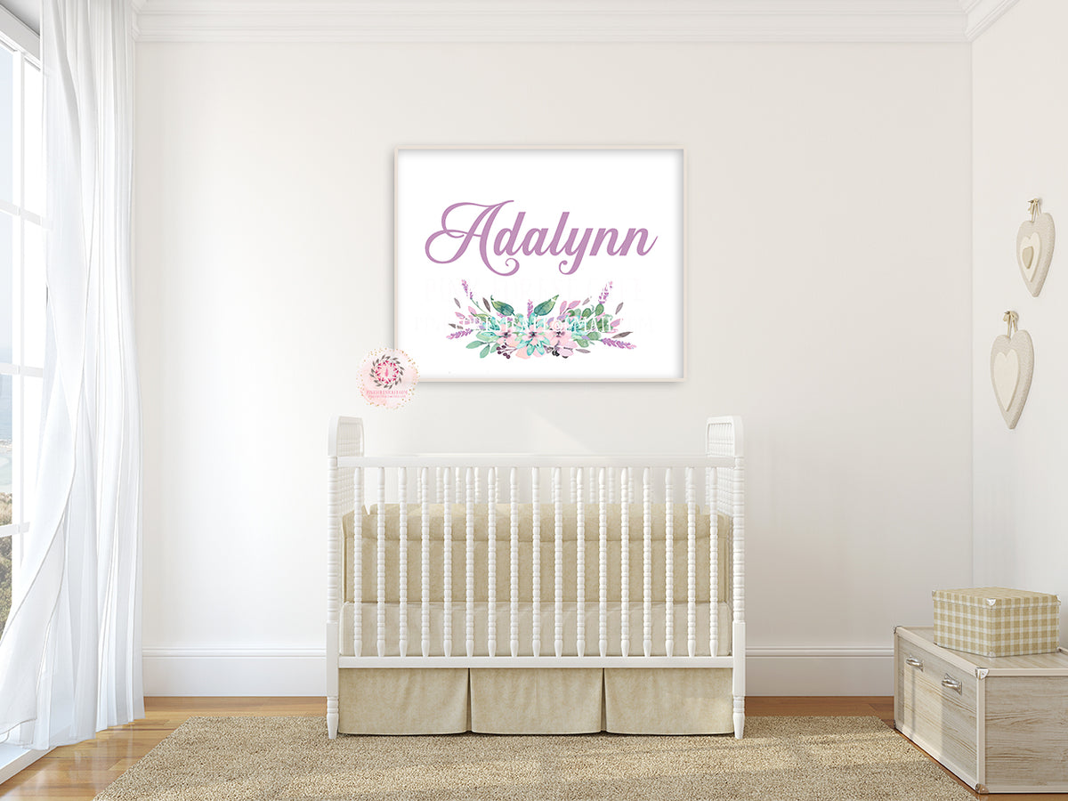 Purple Lavender Baby Name Wall Art Print Boho Woodland Nursery Baby Gi ...