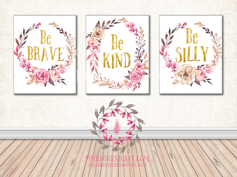 Be Silly Kind Brave Wall Art Print Set Boho Nursery Baby Girl Pink Gol ...