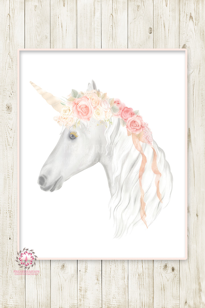 Boho Blush Unicorn Wall Art Print Baby Girl Nursery Gold Lashes Lace R ...