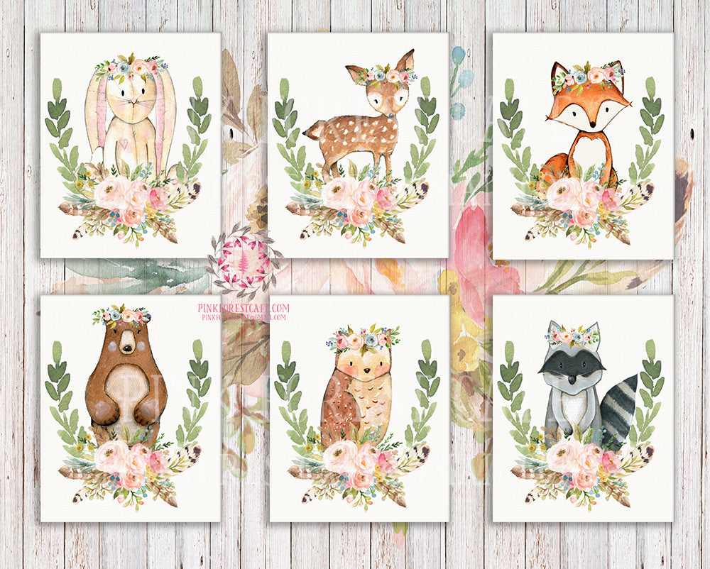 Bunny Bear Deer Fox Woodland Boho Printable Wall Art Feather Nursery ...