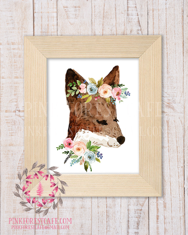 Fox Woodland Boho Nursery Decor Baby Girl Wall Art Watercolor Floral P ...
