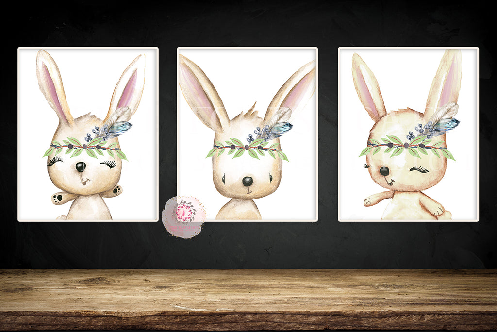 3 Bunny Rabbit Wall Art Print Tribal Feather Woodland Nursery Baby Boy ...