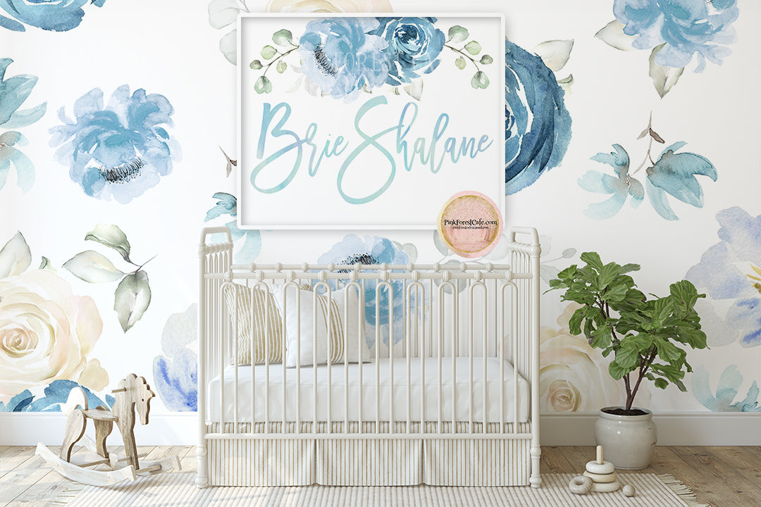 Personalized Custom Calligraphy Baby Girl Name Wall Art Print Blue Boh ...