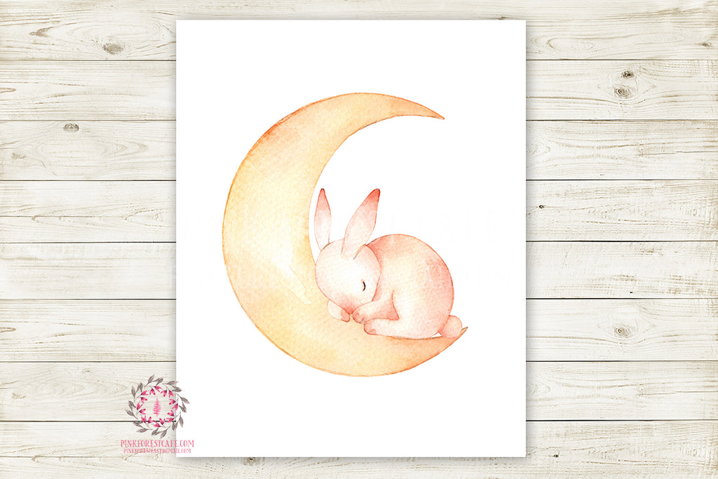 Bunny Rabbit Moon Boho Woodland Wall Art Print Baby Nursery Kids Room ...