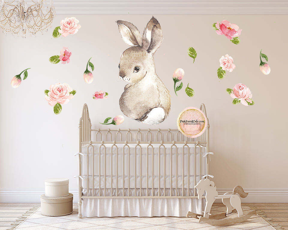 30" Bunny Rabbit Watercolor Wall Decal Sticker Wallpaper Decals Flower ...