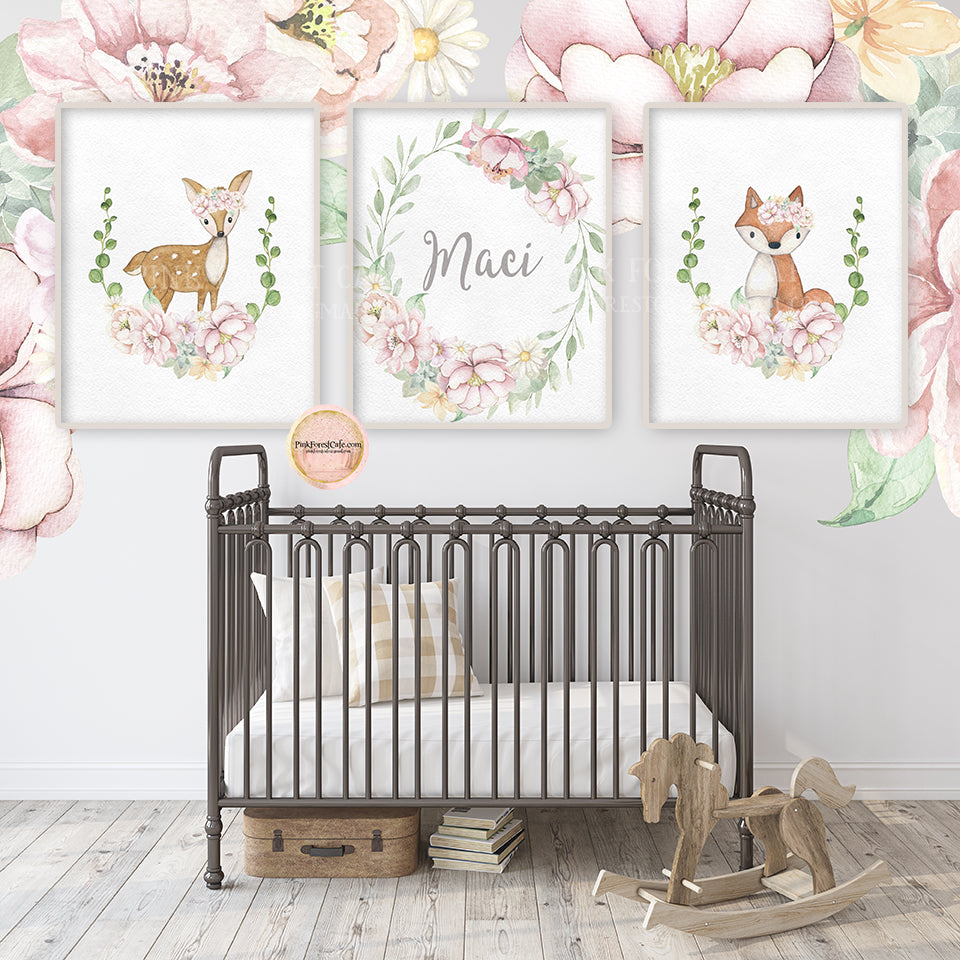 3 Boho Deer Fox Baby Name Wall Art Print Woodland Watercolor Baby Girl ...