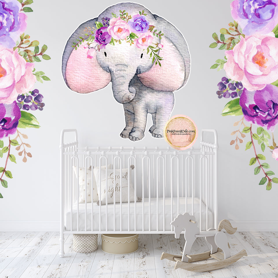 Purple Elephant Peonies Watercolor Wall Decal Sticker Baby Girl Nurser ...