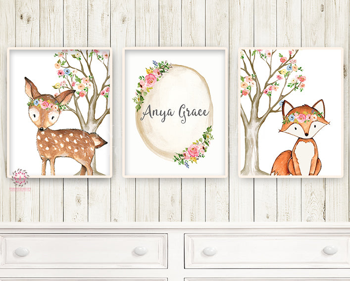 3 Boho Deer Fox Baby Name Wall Art Print Woodland Nursery Baby Girl Ro ...