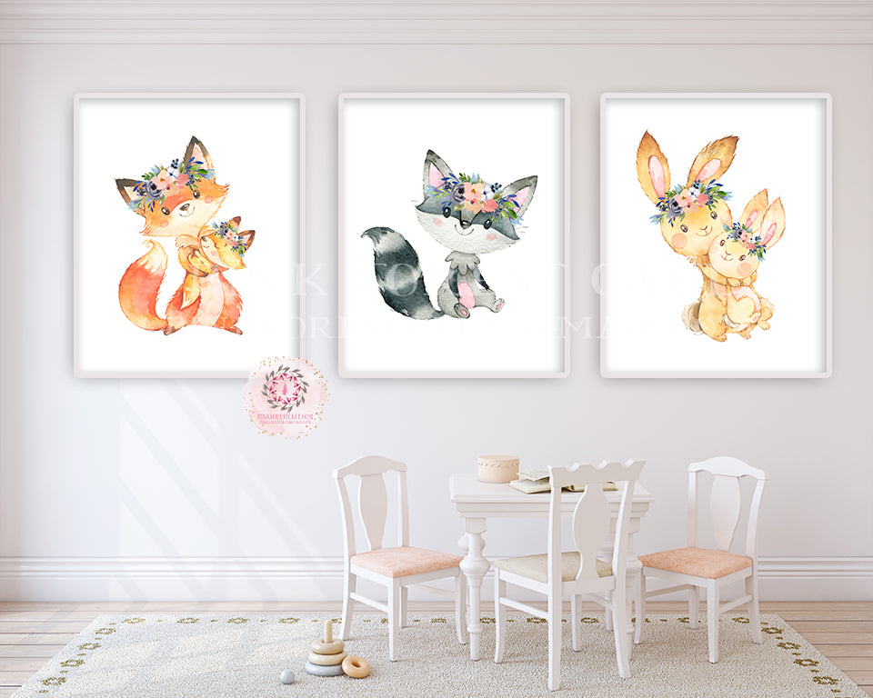 3 Raccoon Fox Bunny Rabbit Wall Art Print Boho Woodland Nursery Coral ...