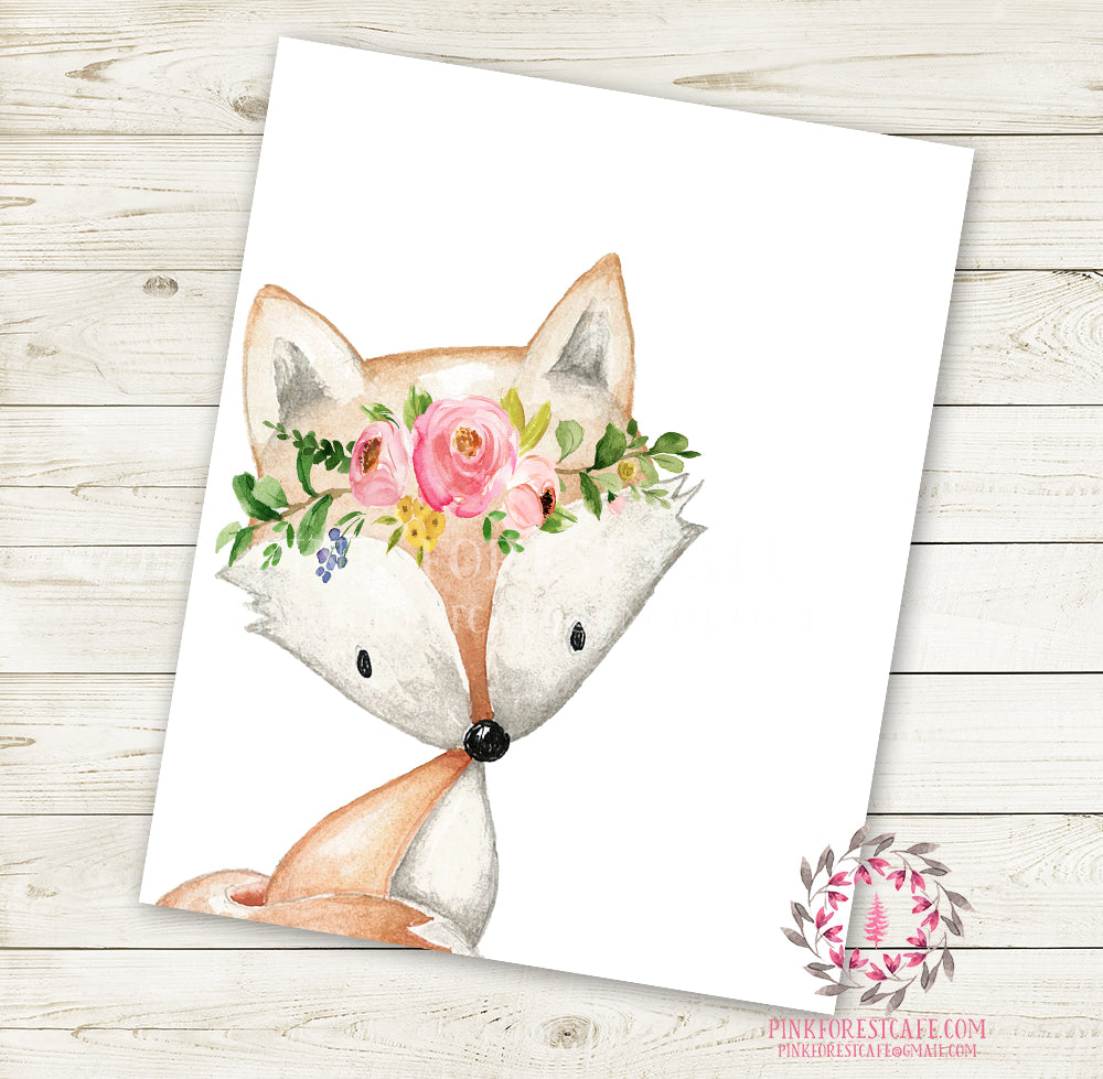 Boho Fox Wall Art Print Floral Nursery Baby Girl Room Watercolor Woodl ...