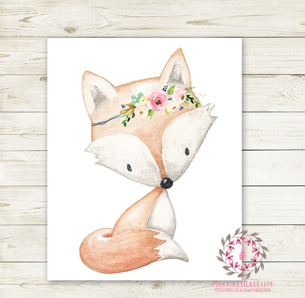 Boho Fox Wall Art Print Floral Nursery Baby Girl Room Watercolor Woodl ...